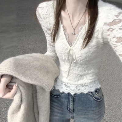 【送运费险】法式白色蕾丝打底衫