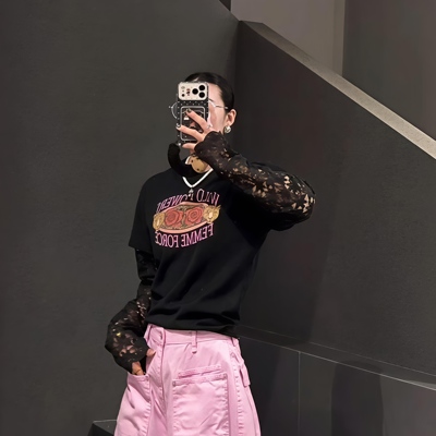 美式黑色蕾丝拼接假两件长袖T恤