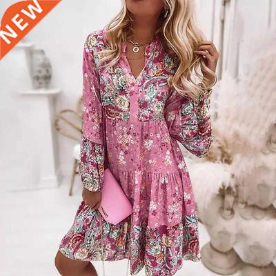 Neck Ruffle Mini Dress Elegant Flared Sleeves Beach Women
