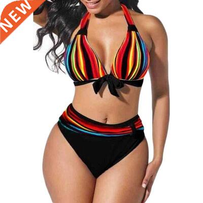S-5XL Big Size Neon Striped Bikini Set Push Up Women High Wa