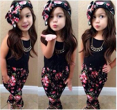 Hot Summer Kids Girls Clothes Sleeveless Black Vest Floral P