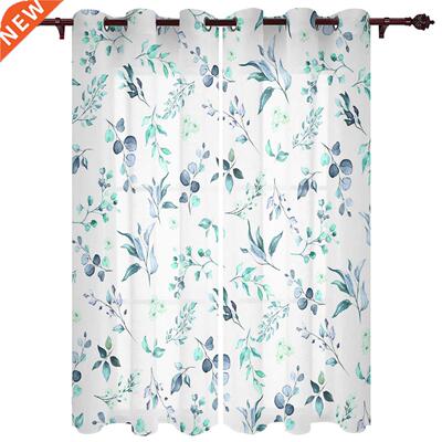 Watercolor Flowers And Leaves Blue Green Window Curtains