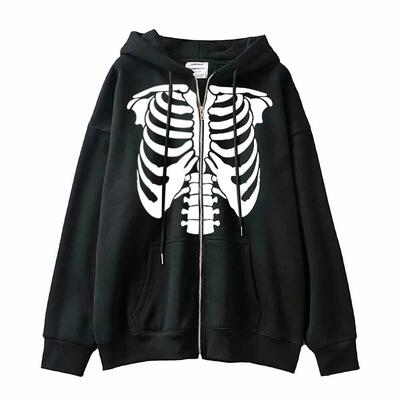 Skeleton Zipper Hoodie Y2K Harajuku Long Sleeve Sweatshirt S