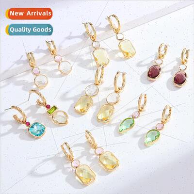 ins faceted crystal wrapped gold plated hoops earrings适用wo