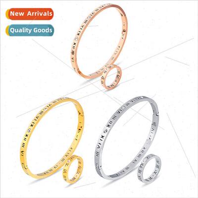 New 304 Tanium Steel Roman Numerals Bracelet Ring Set Diamon