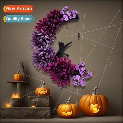 Halloween Moon Cat Wreath Door Hanging Decoration mulation B