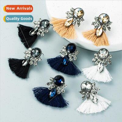 Europe rhinestone long tassel earrings fashion inlaid diamon
