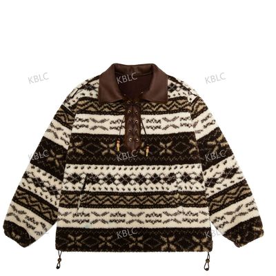 费尔岛图纹复古仿羊羔绒加厚加绒冬季抽绳棉服长袖时尚宽松外套