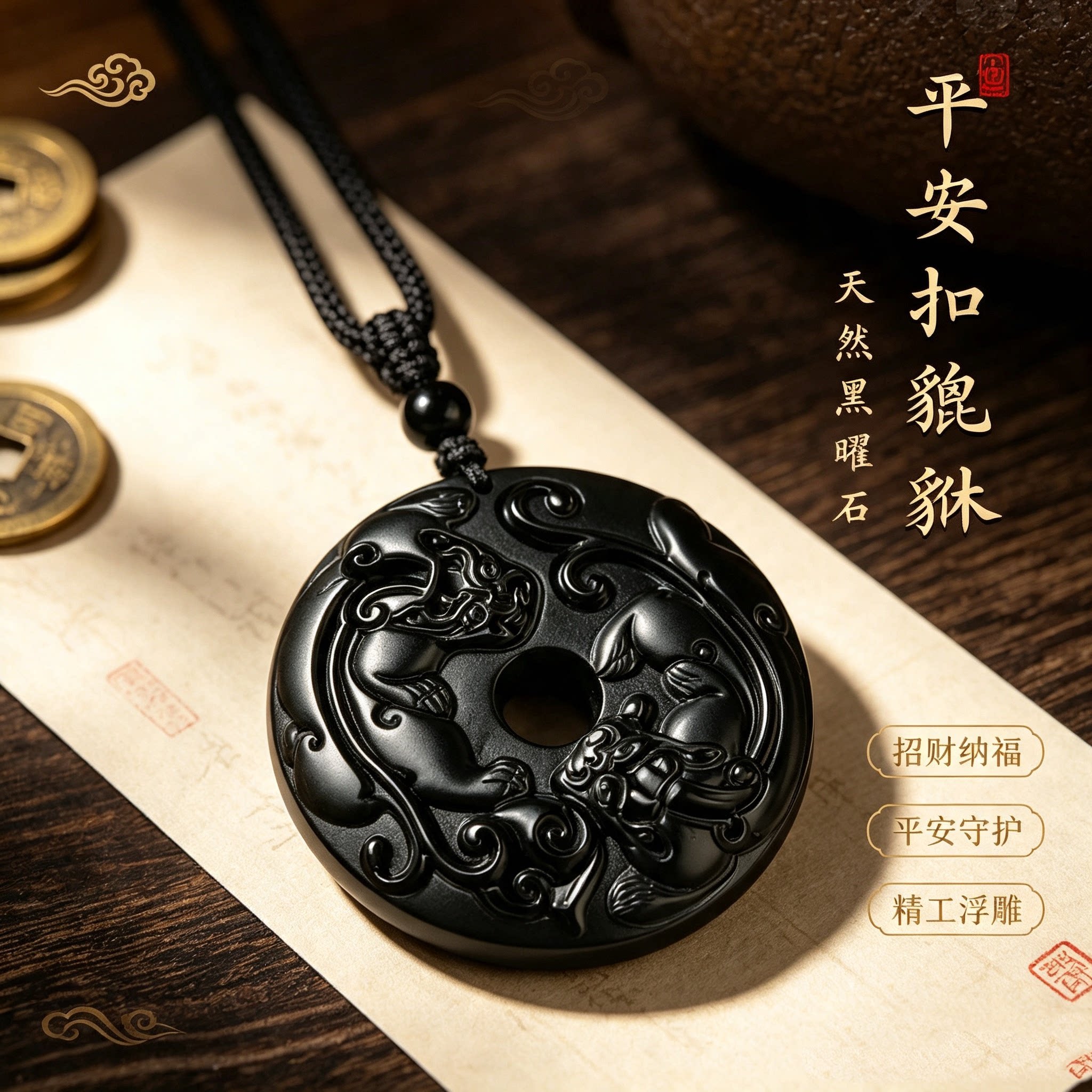 天然纯黑黑曜石招财貔貅吊坠本命年平安扣护身符挂件转运项链礼物