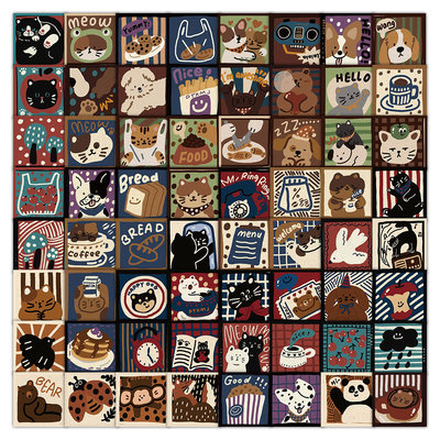 418张美式复古贴纸美拉德棕色卡通小猫小狗动物插画装饰diy小贴画