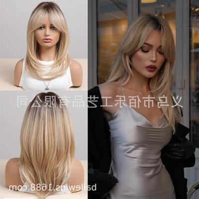 欧美假发跨境热卖白金色渐变全头套八字刘海长直发厂家wigs