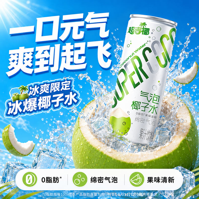 新品上市超吉椰气泡水椰子水0脂冰爆椰子味 240mLx6罐