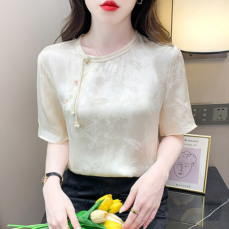 新中式国风盘扣短袖t恤女2026夏季新款设计感印花气质雪纺上衣