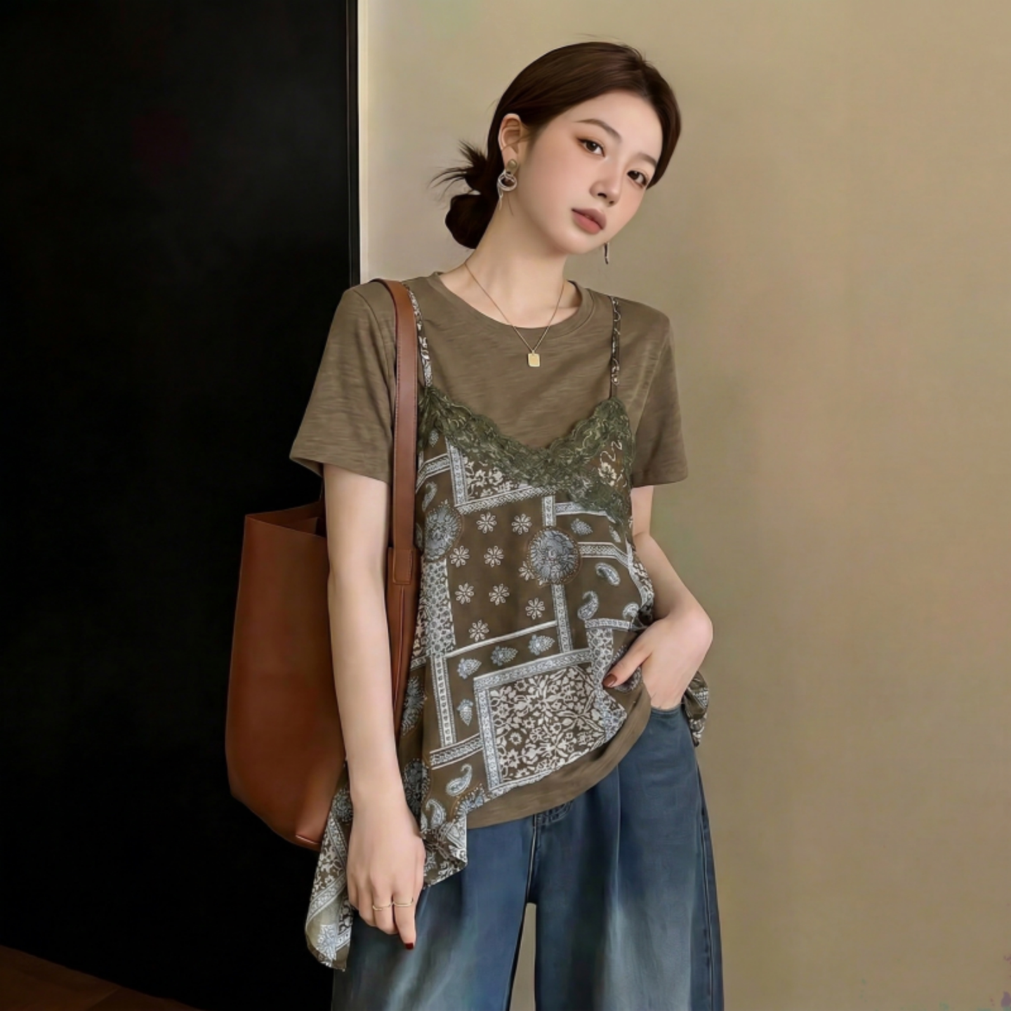 假两件吊带拼接短袖t恤女2026夏季大码胖mm显瘦超好看不规则上衣