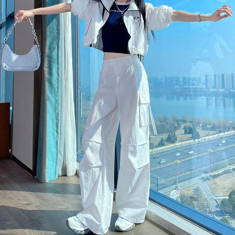 冰丝白色工装裤女夏季薄款2026新款超火酷飒风美式速干阔腿运动裤