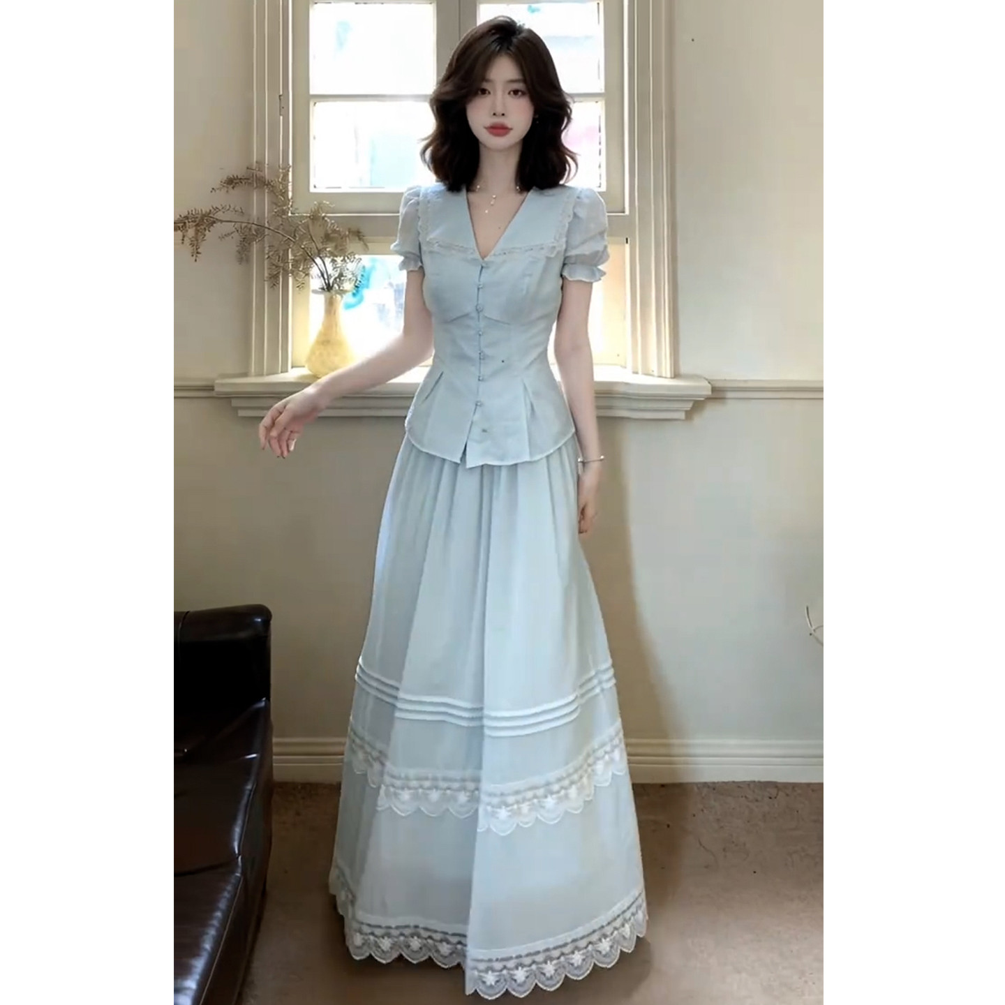 2026新款小个子韩系高级感蓝色连衣裙子女初夏季掐腰显瘦套装长裙