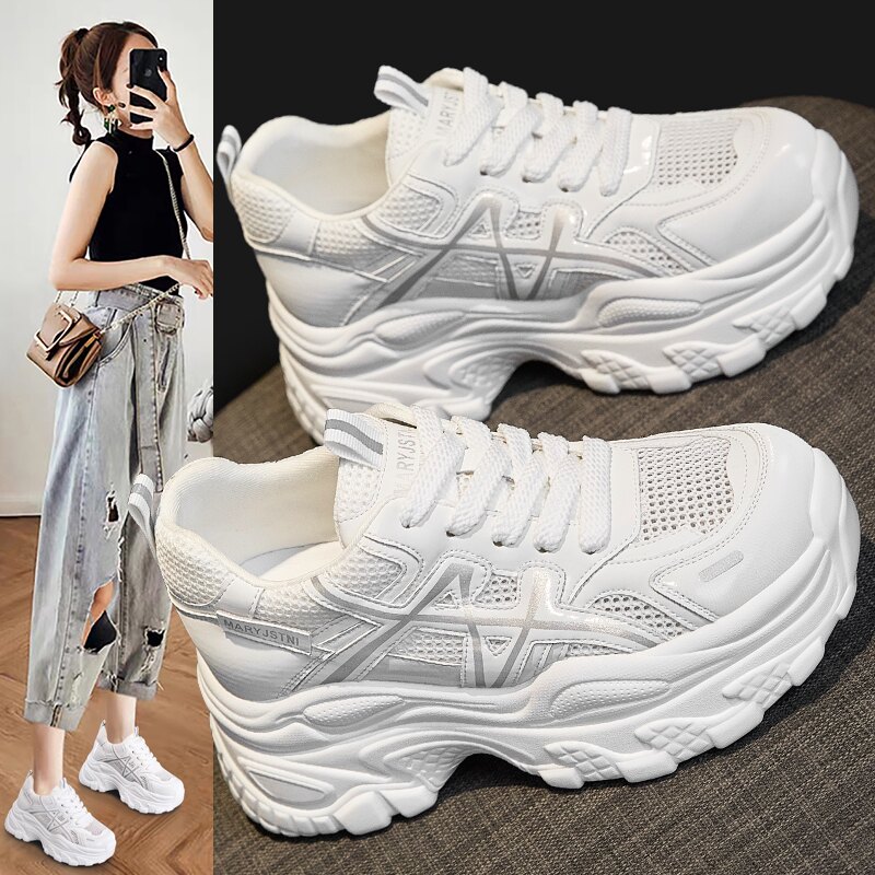 巨好看不累脚老爹鞋女2026夏季新款厚底增高白色薄款透气网面女鞋