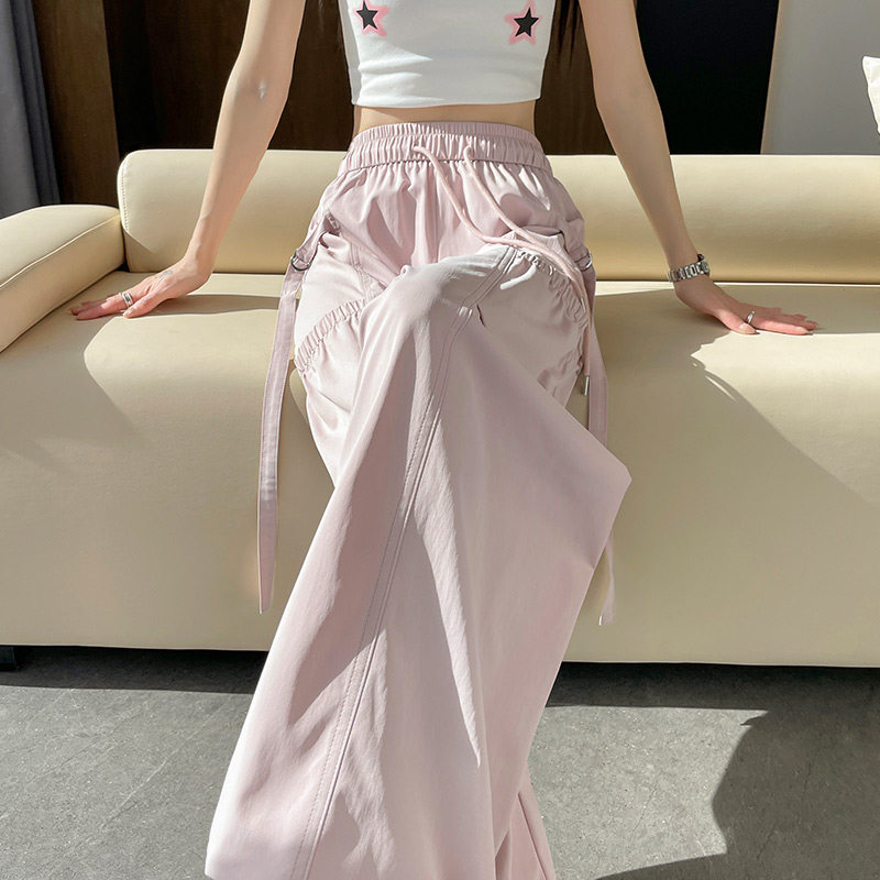 美式粉色工装裤女2026新款超火的酷飒风宽松直筒阔腿速干运动裤子
