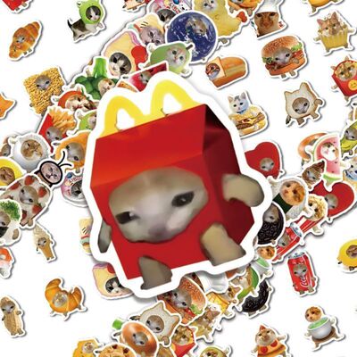 150张搞怪食物猫meme贴纸可爱小猫猫咪爆款沙雕手机桌面防水贴画