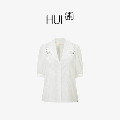 HUI卉全棉刺绣巴厘纱凝脂V领上衣
