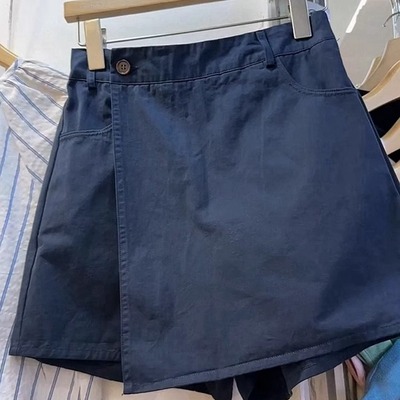 chic韩系小众不规则斜边扣休闲裤裙女夏季高腰显瘦藏蓝色百搭短裤