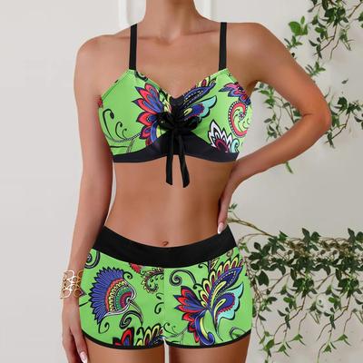 Two-piece bikini beach briefs gathered suspenders bow