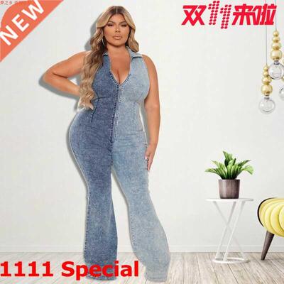 3XL4XL5XL plus-size ladies' denim jumpsuits大码牛仔女连体裤