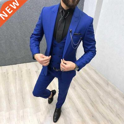 2020 Three Piece Royal lue Men Suits Peaked Lapel Custom Ma