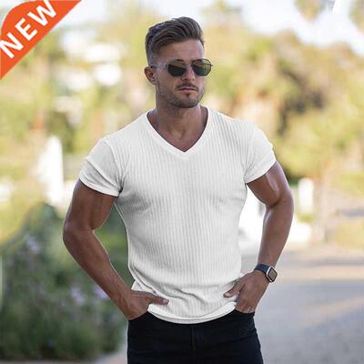 Gym T-shirt Men V Neck Short Sleeve Knitted Tshirt Sports Sl