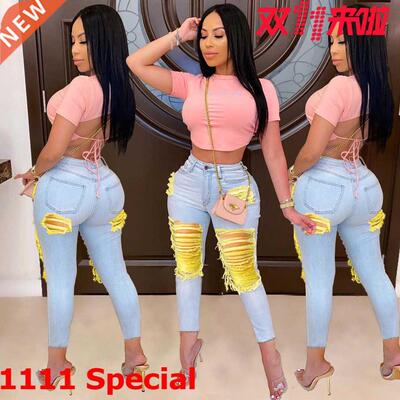 S-3XL plus-size ripped jeans大码女士时尚性感破洞牛仔裤