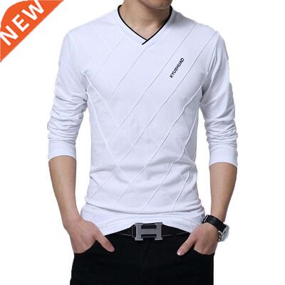2021 Mens Casual T-shirt Fashion Slim Long Sleeve V Neck Fit