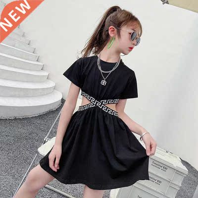 2022 Girls Summer Dresses Black A-Line Geometric Pattern Kni