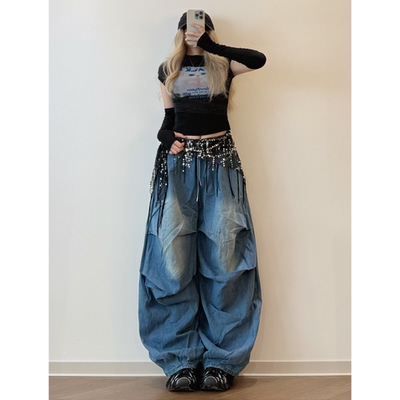 XXBUNI Kpop女团风黑色猫咪印花带袖打歌服松紧腰刺绣宽松牛仔裤