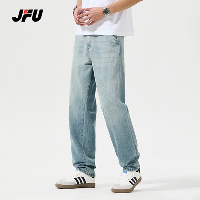 JFU夏季莱赛尔美式复古天丝牛仔裤男宽松直筒阔腿垂感休闲长裤子