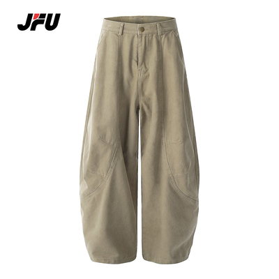 JFU秋冬新款美式复古廓形弯刀休闲裤男款宽松阔腿垂感拖地长裤子