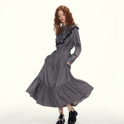 SURE ENOUGH 原创设计春季新款新中式长袖娃娃领收腰长袖连衣裙女