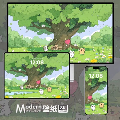 可爱治愈小狗8K高清壁纸手机ipad平板电脑绿色护眼卡通氛围感插画