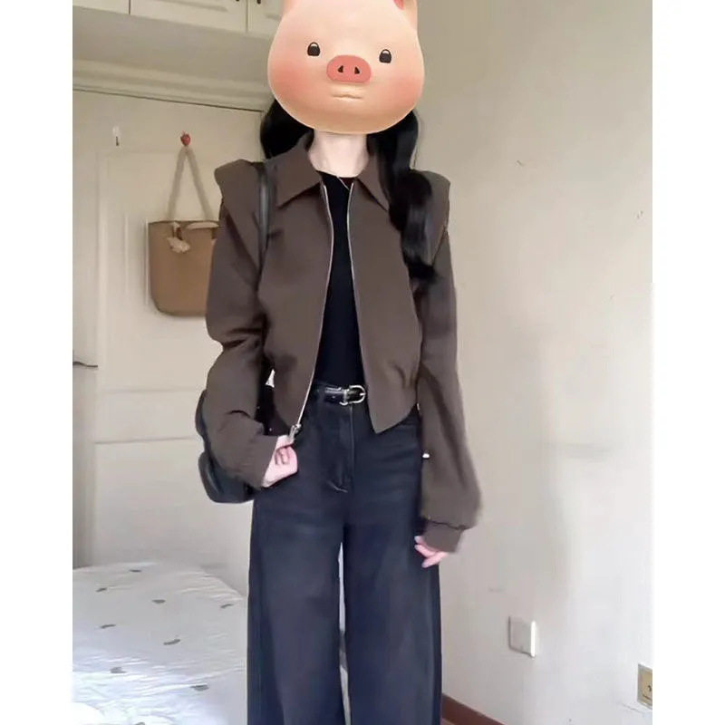 2025秋冬季外套女新款感棕色短款夹克上衣初秋美拉德百搭潮女