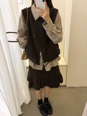 Eter 26秋新款韩版宽松显瘦百搭休闲条纹马甲半身裙两件套套装女
