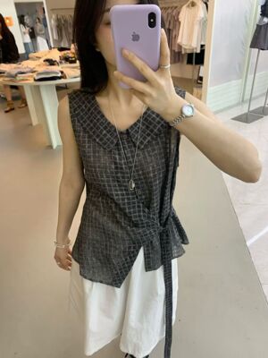 Eter 夏韩系亚麻无袖上衣女老钱风收腰娃娃领小衫背心格子衬衫女