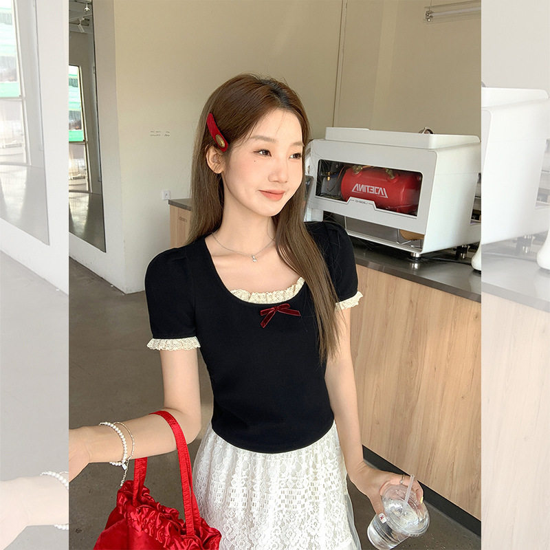 韩系纯欲蝴蝶结辣妹蕾丝拼接设计短袖T恤女2026夏季新款修身上衣