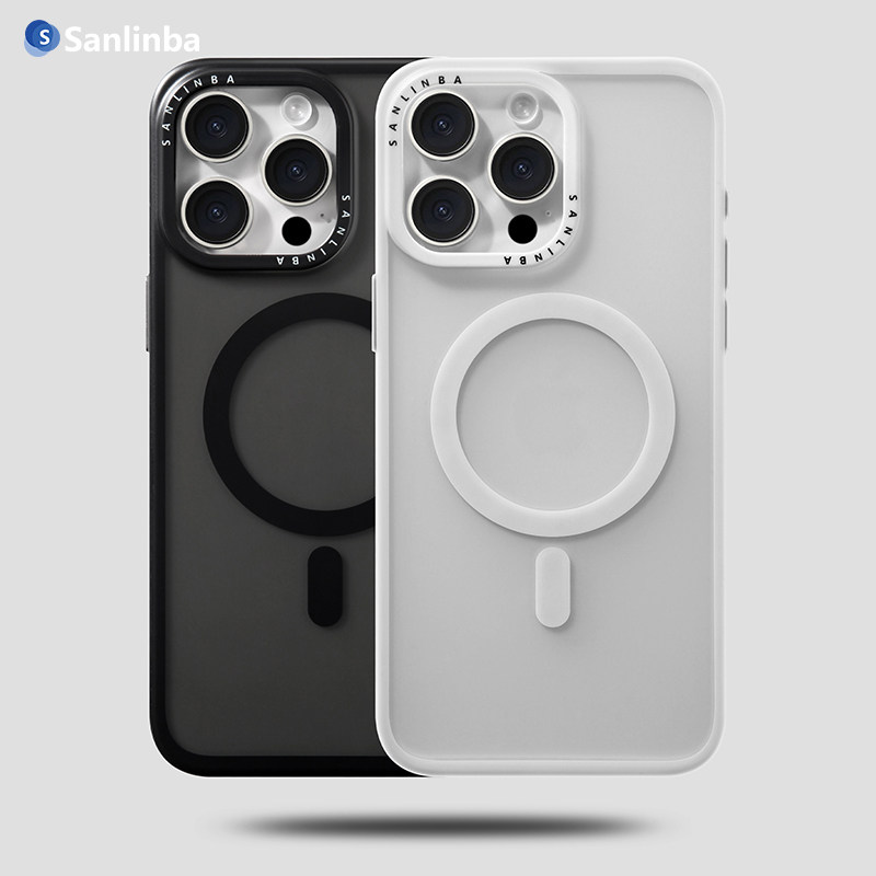 Sanlinba极简黑白磁吸手机壳适用苹果iPhone16ProMax磨砂透明保护壳新款高级感简约全包防摔情侣15/14手机套