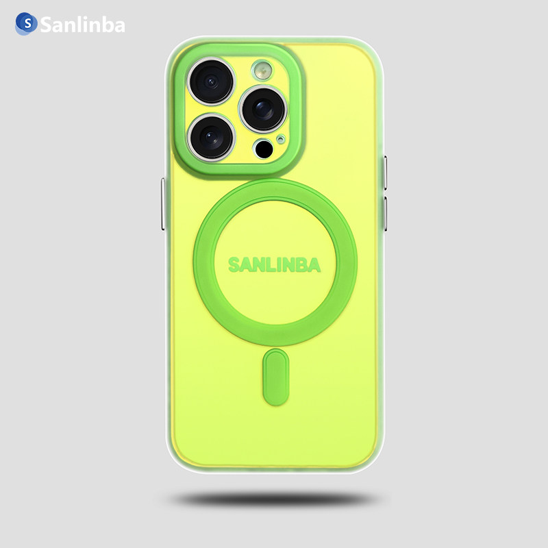 Sanlinba磨砂炫彩渐变荧光绿磁吸手机壳适用苹果iPhone15ProMax个性MagSafe新款iPhone14Pro防摔保护壳手机套