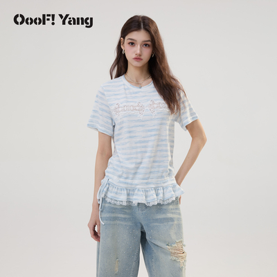 OooF!Yang条纹绣花上衣夏季女装