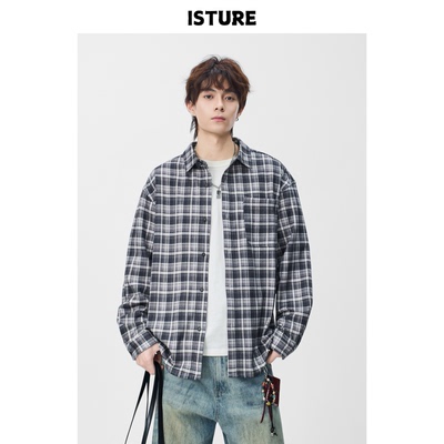 ISTURE美式复古撞色格子长袖衬衫男女宽松百搭休闲学院风痞帅衬衣