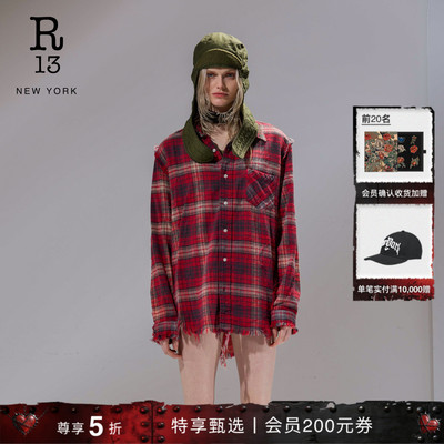 R13宽松做旧格纹衬衫