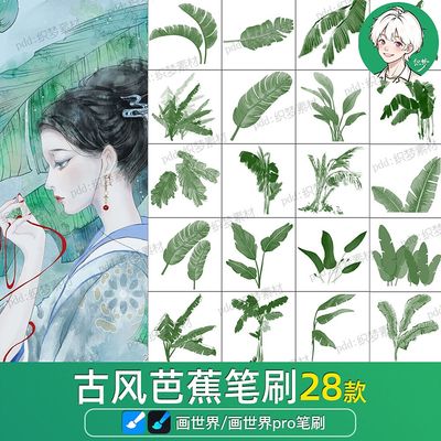 画世界pro笔刷素材水墨古风芭蕉叶子植物树叶手绘水彩唯美插画笔