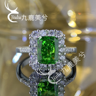 2克拉培育高碳钻雷迪恩祖母绿冰花切戒指厚镀18K金托6*8长方钻戒