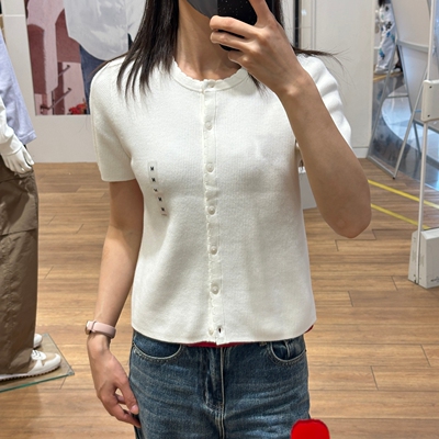 休闲气质圆领短袖针织开衫上衣女