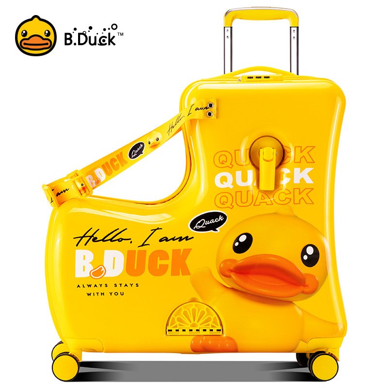 B.DUCK现货新骑行拉杆箱儿童可坐行李箱木马旅行箱小黄鸭正版品牌